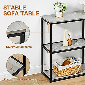 WOHOMO Console Table, 12 Inch Narrow Sofa Table with 3-Tier Storage Shelves, 40 Inch Industrial Entryway Table for Living Room, Corridor, Hallway, Grey Marble