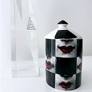 AlphaDesignLuxe Decorative Candle Holder Handcrafted Aromatherapy Candle Jar Italian Designer Décor Fashionable Tabletop Vase Modern Art Female Face Eyes Lips Centerpiece. (Red Lips Black Squares)