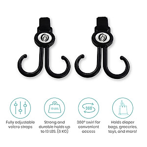 Lulyboo Multi-Use Organizer Hook Clips (2 pk), Metal Hook Handle for Purse, Shopping, Strollers & Diaper Bags, Black