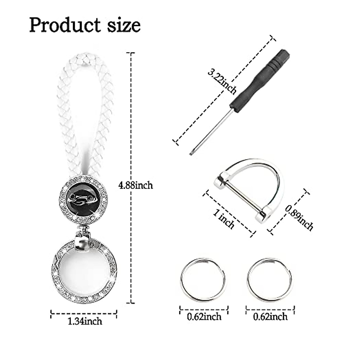 Bling Bling Leather Keychain,Universal Car Accessories Car Lanyard Key Fob Holder with Anti-lost D-ring and Screwdriver(White)