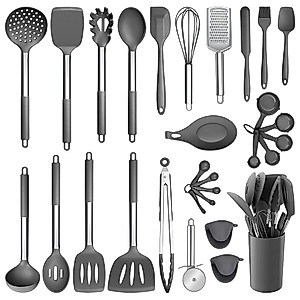 Silicone Kitchen Utensils Set, E-far 30-Piece Cooking Utensils Set with Holder, Heat Resistant Kitchen Spatulas Turner Tong Spoon Whisk Ladle for Nonstick Cookware, Stainless Steel Handle (Gray)