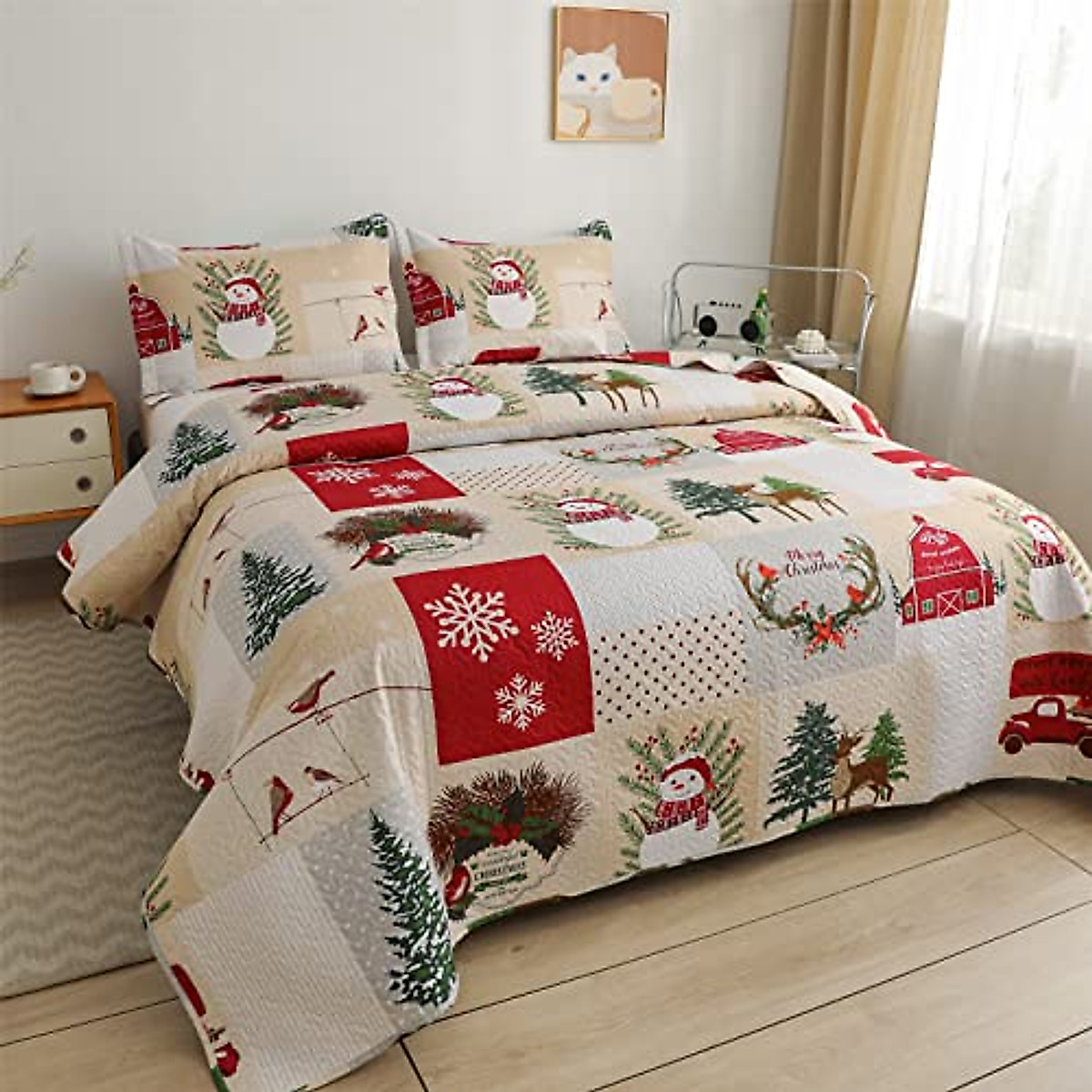 Christmas Plaid Snowman Quilt Set Queen Size (90 x 90 Inches) Reindeer Cardinal Birds Xmas Tree Snowflake Car Holiday Bedding Sets, Red Vanilla Grid Coverlet Bedspread Bed Cover Bed Set with Shams