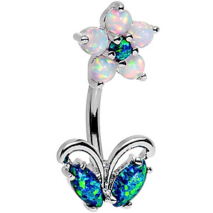 Body Candy Steel Clear Brilliant Blue Synthetic Opal Flourishing Flower Double Mount Belly Ring