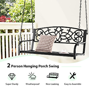 Giantex Patio Metal Porch Swing, 2-Person Hanging Porch Swing Bench with Sturdy Chains & Retro Pattern Backrest, 485 Lbs Weight Capacity Loveseat for Garden, Yard, Front, Outdoor Swing Chairs (Black)