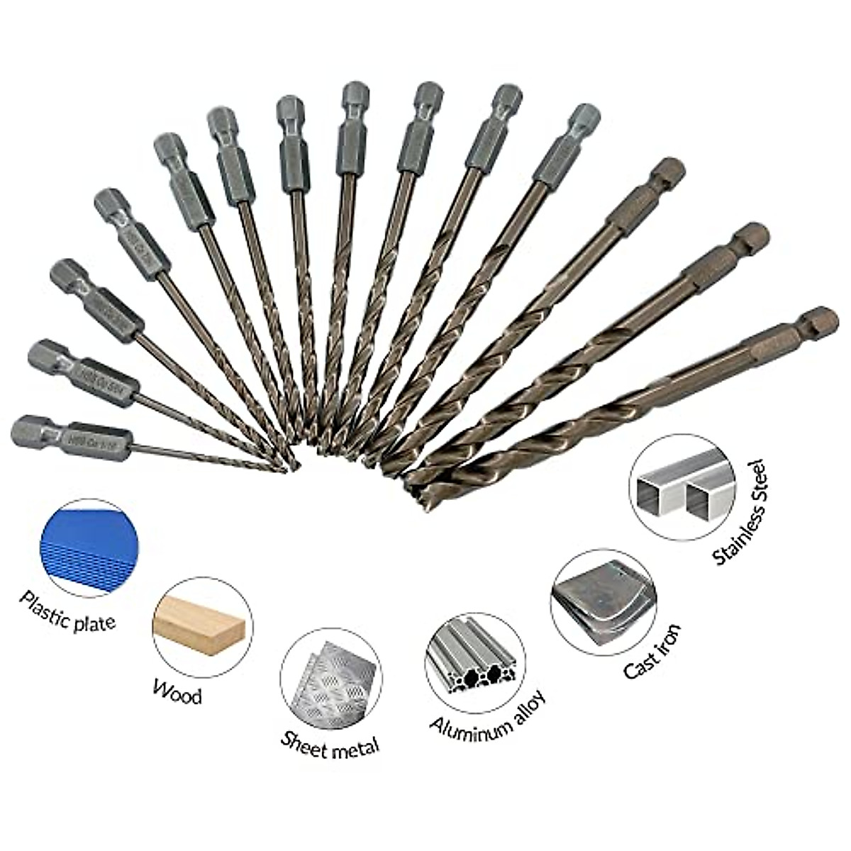 NordWolf 14-Piece M35 Cobalt Jobber Drill Bit Set for Stainless Steel & Hard Metals, Multi Points Drill Tip with 1/4" Hex Shank for Quick Chucks & Impact Drivers, SAE Sizes 1/16" to 1/4"