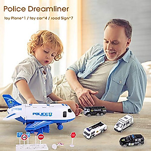 Airplane Toys, Cars Toys Set Fire Truck/Engineering Vehicle/Sanitation Vehicle/Police Car Toys Christmas Birthday Gift for 3 4 5 6 Years Old Boys Toddlers Deformable Aircraft Storage Cars Toy (Blue)