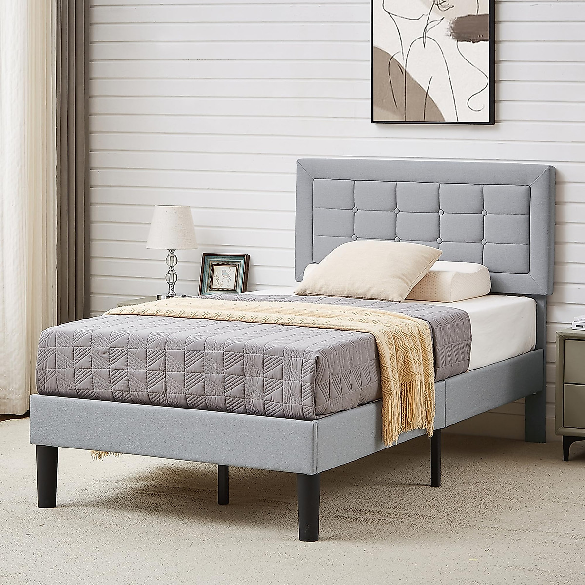 VECELO Twin Size Bed Frame with Adjustable Headboard, Upholstered Button Tufted Platform Bedframe with Wood Slats Support, No Box Spring Needed, Moon Grey