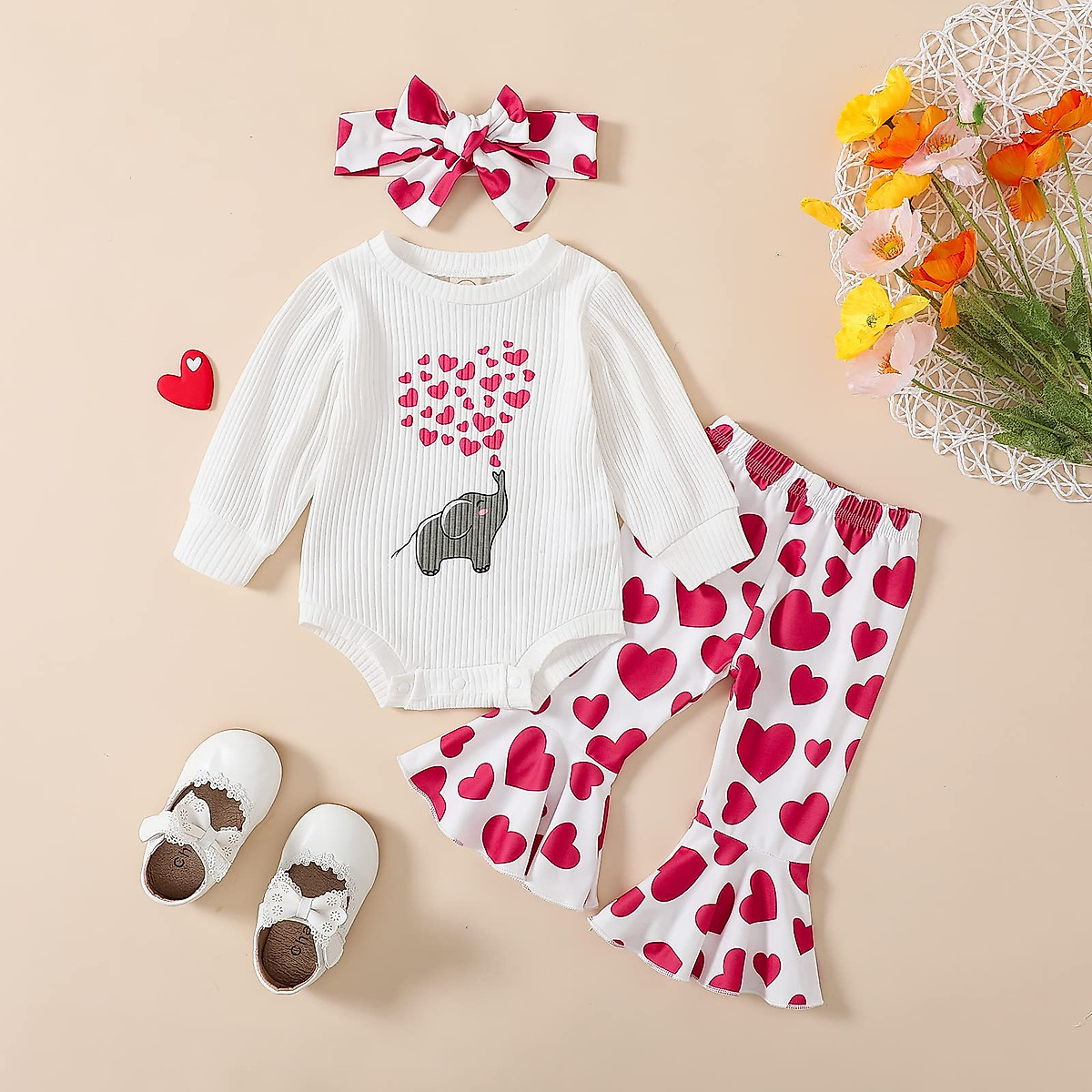 ADXSUN Baby Girl Valentine's Day Outfits Heart Print Romper+Flared Pants+Headband Infant Clothes 0-18 Months