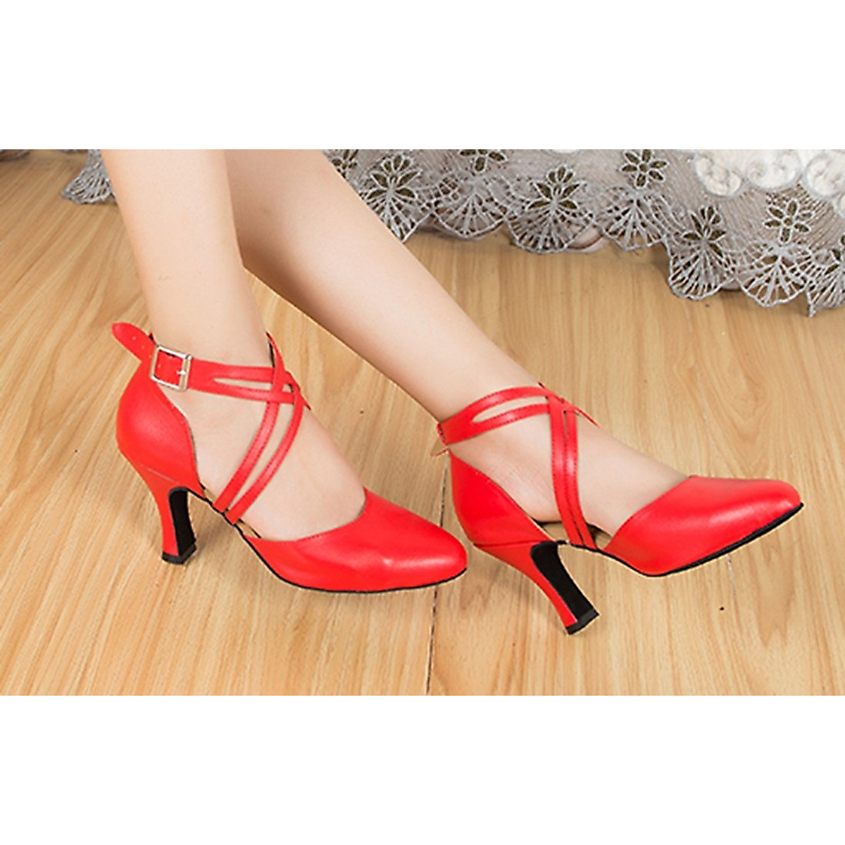 TDA Women's Round Toe Ankle Wrap Buckle Red Leather Salsa Tango Ballroom Latin Modern Dance Wedding Shoes 4 M US