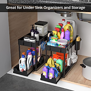 2 Pack Under Sink Organizers and Storage - Multi-Purpose 2 Tier Under Sink Organizer, with Pull Out Sliding Drawer,Hooks,Hanging Cup for Kitchen,Bathroom Cabinet Organizer,etc - Black