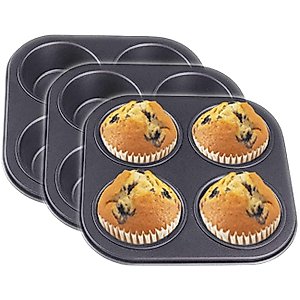 CZ-XING Cupcake Bakeware Pan and Muffin Cake Pan，4 Cup/Non Stick Carbon Steel Cupcake Baking Pan Quick Release Coating Oven Cake Tray Molds (Black 3Pcs)