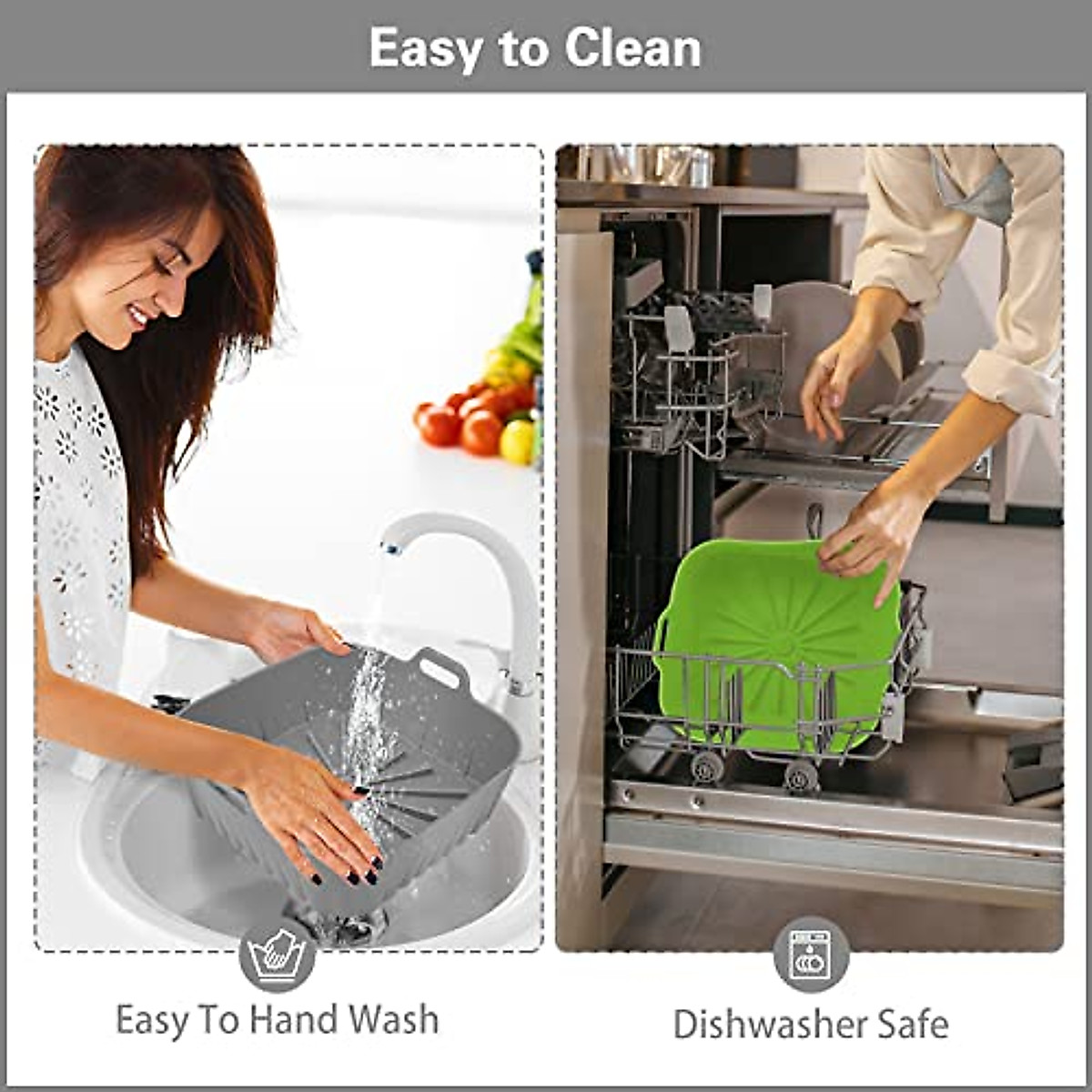 2 PCS Silicone Air Fryer Liners 9 Inch Square Easy Cleaning Air Fryer Silicone Liners for 6-9 QT Frying Basket, Heat Resistant Reusable Ninja Air Fryer Accessories (Grey+Green)