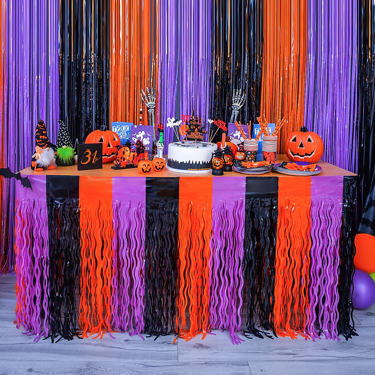 LOLStar Halloween Party Decorations 2 Pack Orange Purple and Black Wavy Metallic Tinsel Foil Fringe Table Skirts for Rectangle and Round Table, Perfect Table Decorations for Halloween Party