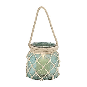 Deco 79 Glass Indoor Outdoor Candle Lantern Decorative Lantern Candle Holder with Rope Handle, Lantern 7" x 7" x 15", Blue