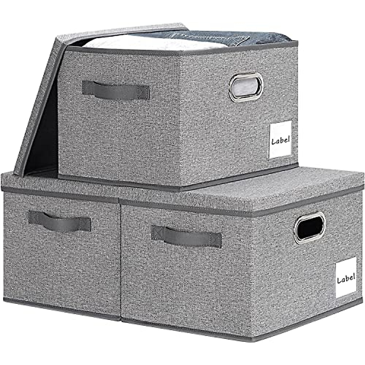 LHZK Large Storage Bins with Lids 6 Pack, Linen Fabric Storage Boxes with Lids, Foldable Storage Baskets with 3 Handles and Label Window for Shelves Bedroom Closet Office (15x11x9.6, Grey, Black)