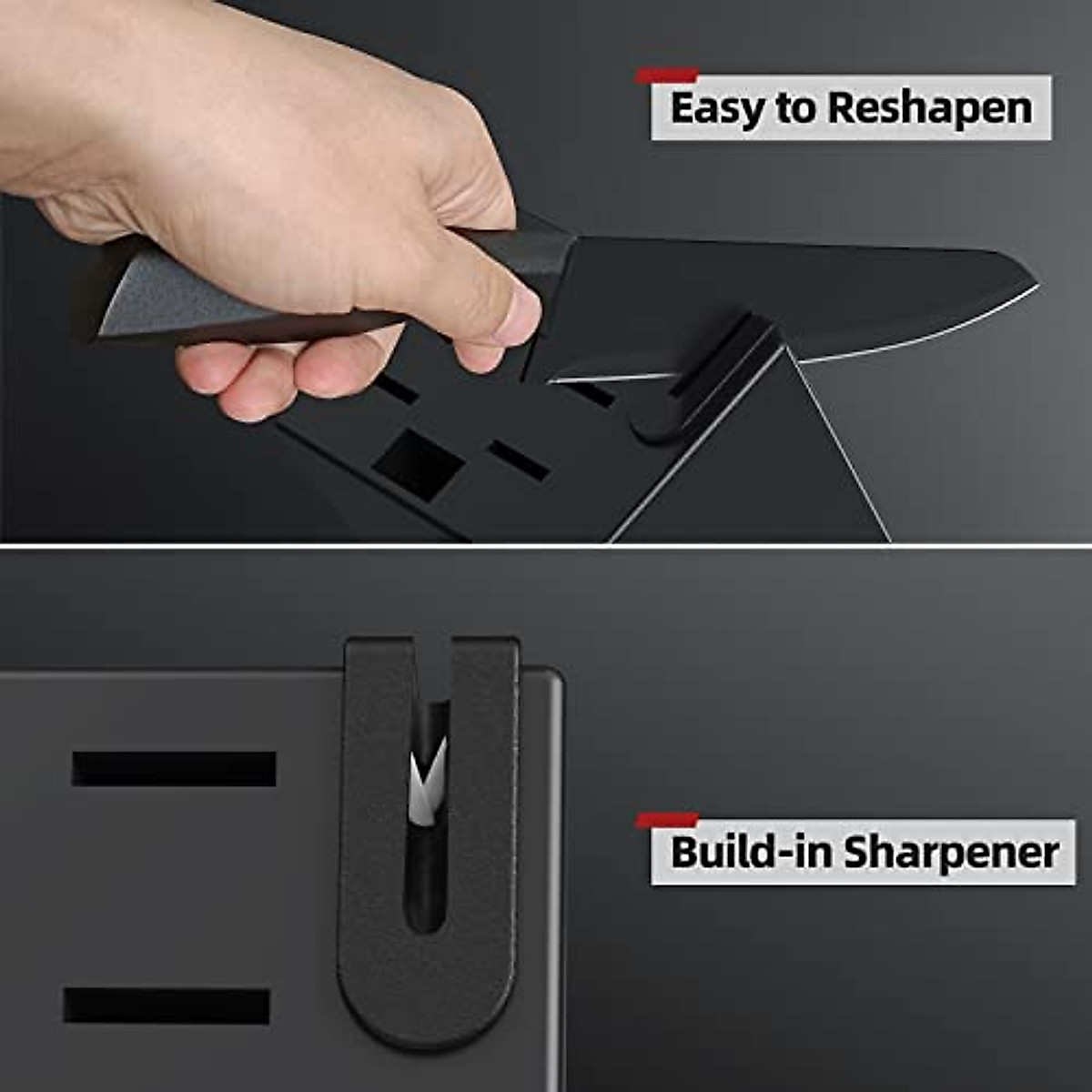 Stllab Knife Set with Cutting Board, 15 Pcs Kitchen Knife Set with Built-in Sharpener Block, Knife Set with 6 Steak Knives, Black