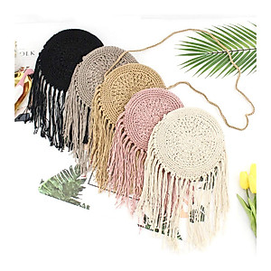 QTKJ Boho Long Cotton Tassels Crochet Flower Mini Crossbody Bag Handwoven Summer Beach Round Shoulder Bag with Zipper (Navy Blue)