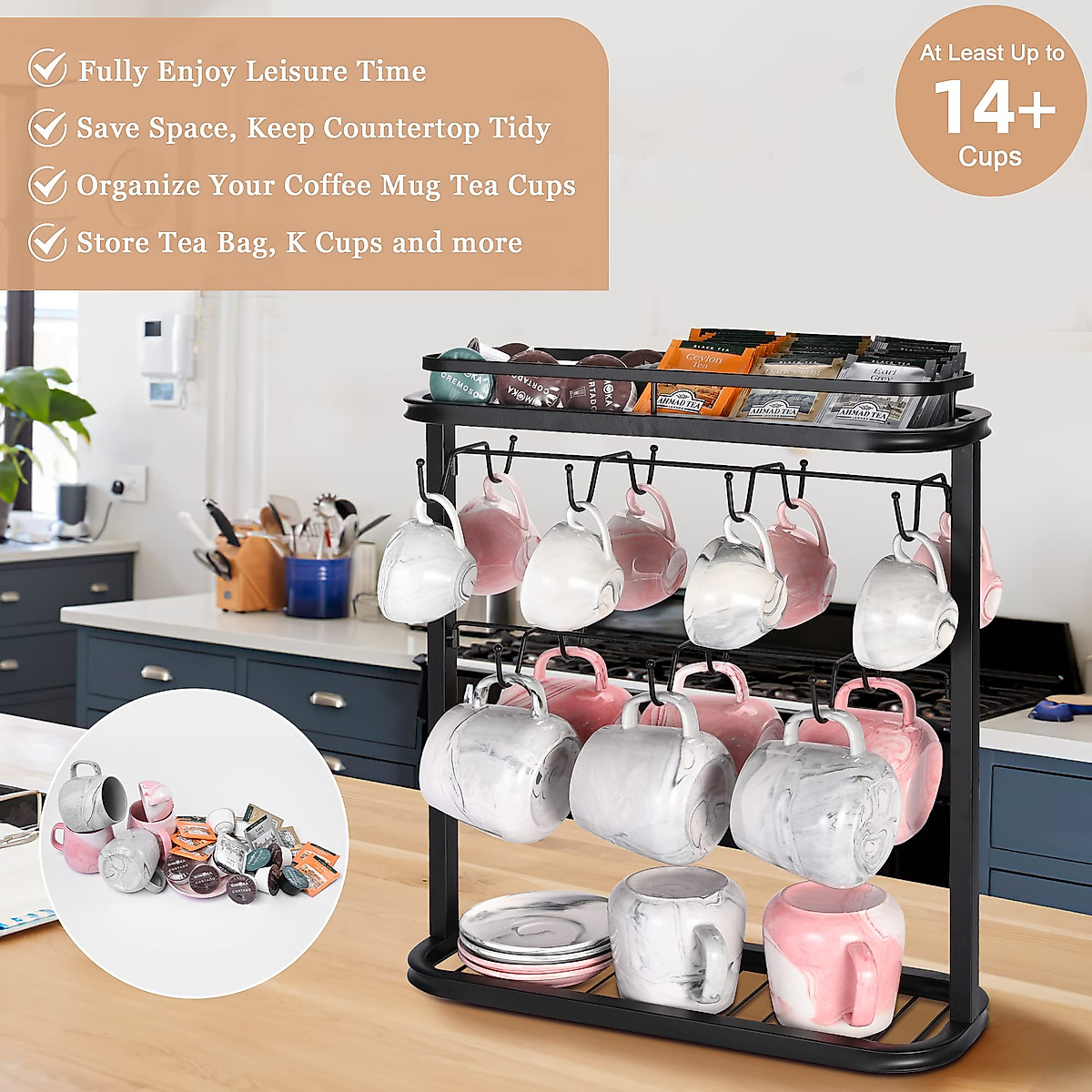 Coffee Mug Holder, 2 Tier Mug Tree Metal Double-Side Mug Holder for Holds At Least 14 Mugs, Counter Coffee Cup Holder Organizer with Storage Shelves for Coffee Mug Cups, Black(Mugs Not Include)