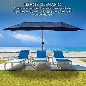 15ft Rectangle Patio Umbrella, Double-Sided Outdoor Market Umbrella with Crank Handle and Base for Pool, Garden, Backyard, Lawn (NevyBlue W/O SolarLights)
