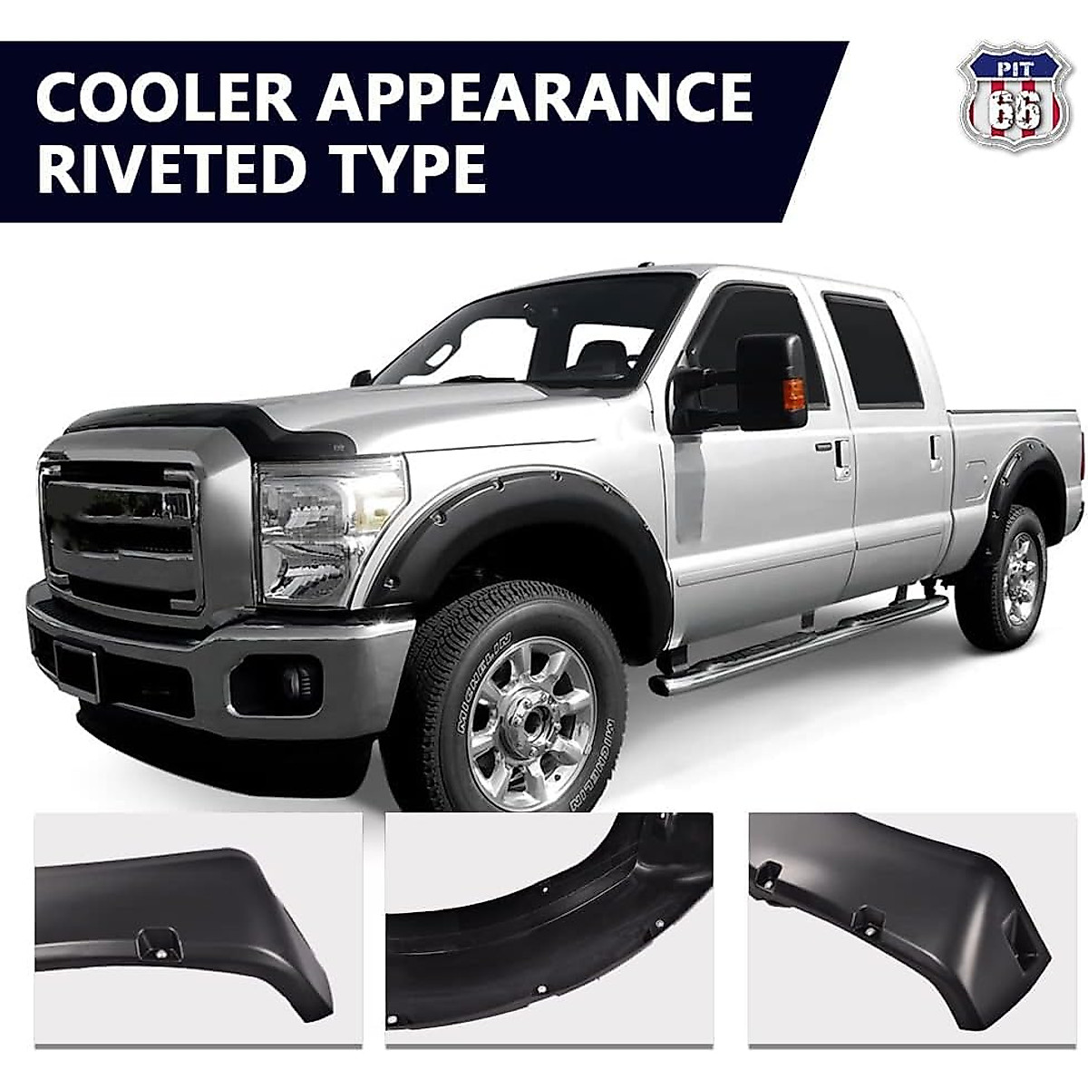 PIT66 Fender Flares, Compatible With 2011-2016 Ford F250 & F350 Super Duty (NOT For Dually Models), Paintable Smooth Matte Black Pocket Riveted Style Wheel Flares Set, 4 Pcs