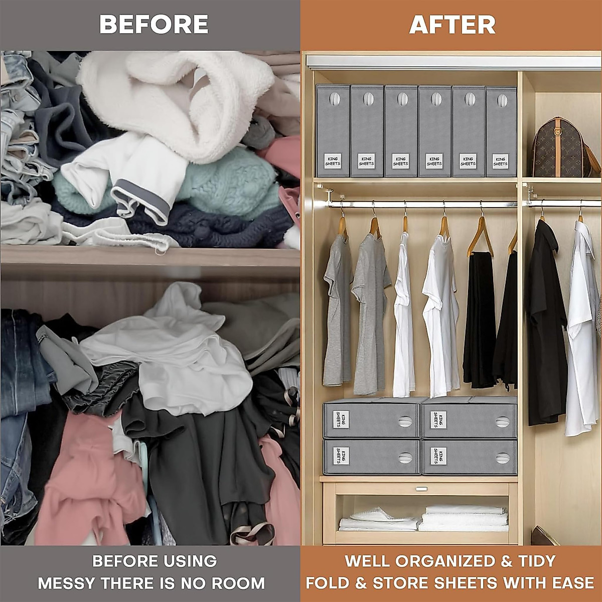 DASZERX® Foldable Sheet Organizer for Queen and King Sheets, 4 Pack, Sheets Set Folder Keeper with Window XL Organizing Bedding Container, Bed Sheet Organizer for Linen Closet