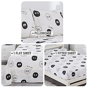 8HMOON Small Coal Ball Sheet Set Twin Size - 3 Piece Set，Cute Character Printed Soft Microfiber Bed Sheets for Girls and Boy Deep Pocket
