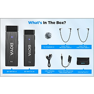 BOYA BY-W4 Wireless Lavalier Microphone Ultracompact 2.4GHz Cordless Clip On Microphones System for Cameras DSLR Smartphone Video Recording Interview YouTube Streaming (4 Transmitters & 1 Receiver)