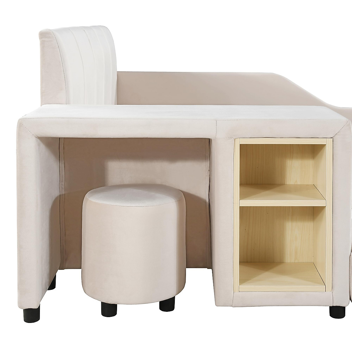 Full Size Multi-Functional Design Upholstered Grounded Bed, Velvet Upholstered Platform Bed, Mother & Child Bed with Bedside Desk and Little Round Stool for Kids Boys Girls (Beige-119)