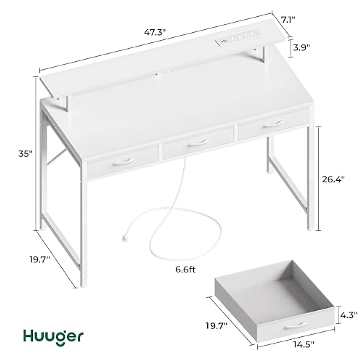 Huuger 47 inch Computer Desk with 3 Drawers, Office Desk Gaming Desk with LED Lights & Power Outlets, Home Office Desks with Storage Space for Bedroom, Work from Home, White