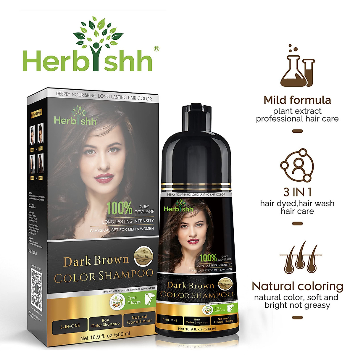 Herbishh Hair Color Shampoo - Magic Dye for Gray Hair, Lasting Color in Minutes - 500 Ml, 3-In-1, Ammonia-Free (Dark Brown)