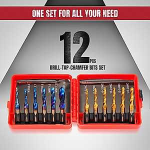 ColumPRO 12PCS Titanium Drill and Tap Combination Bits Set, 1/4” Hex Shank 3-in-1 Blue Coated Spiral Screw Tapping Multi-Function Bit for Drilling, Tapping and Countersinking (Metric&SAE)