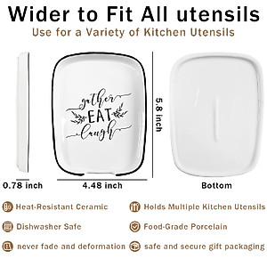 Hvukeke Ceramic Spoon Rest for Stove Top, Funny Gather Eat Laugh White Spoon Holders for Kitchen Counter, Modern Farmhouse Kitchen Cute Decor