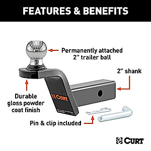 CURT 45155 Fusion Trailer Hitch Mount with 2-Inch Ball & Pin, Fits 2-In Receiver, 7,500 lbs, 2" Rise, black