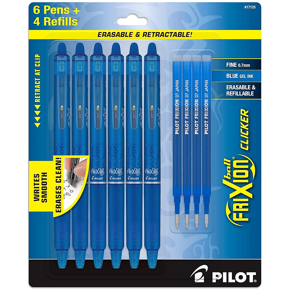 Pilot Frixion Erasable Pens - 6 Pack of Blue Ink Pens + 4 Bonus Refills - Frixion Clicker Erasable Pens Retractable Gel Ink Pen - Fine Point 0.7 mm Used for Rocketbook & Notebook