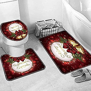 Novobey 4 Pcs Christmas Shower Curtain Sets with Non-Slip Rug, Toilet Lid Cover and Bath Mat, Waterproof Polyester Shower Curtain with 12 Hooks for Christmas Decoration