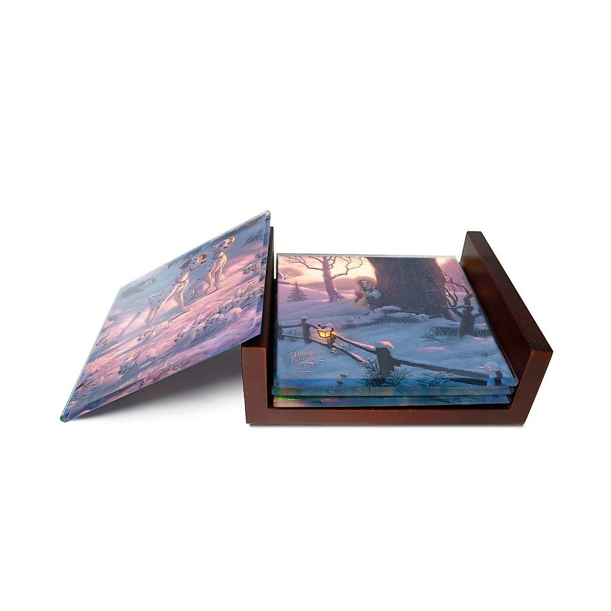 Disney – 101 Dalmatians on The Run – Pongo and Perdita’s Puppies – Thomas Kinkade Studios – Set of Four 4” x 4” Glass Coasters - Comes with Stylish Modern Wooden Coaster – for Gifting and Collecting