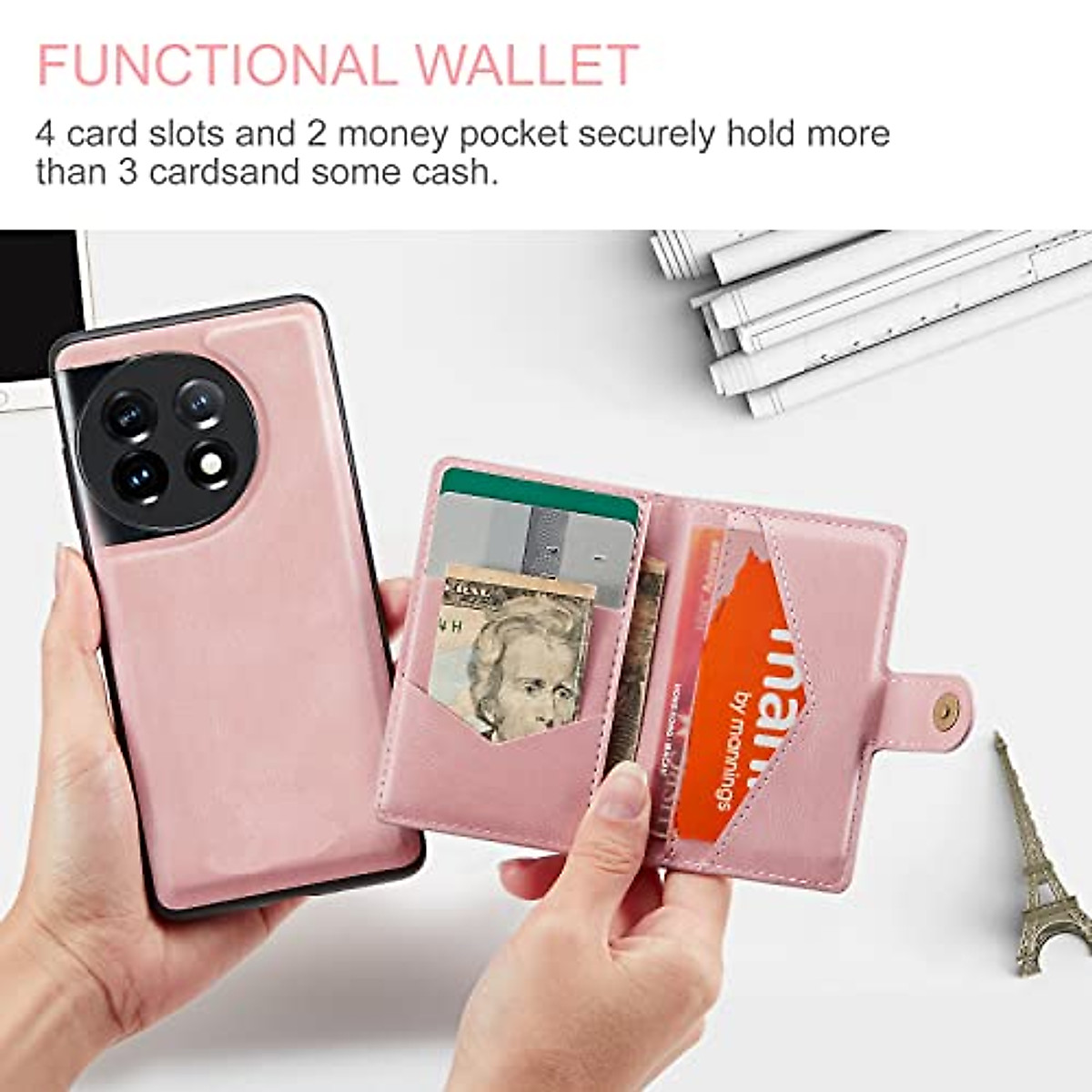 Asuwish Phone Case for OnePlus 11 One Plus 11 5G Wallet Cover with Tempered Glass Screen Protector and Credit Card Holder Stand Leather Cell Accessories On 1Plus 1 + Plus11 1+11 Eleven Women Men Pink