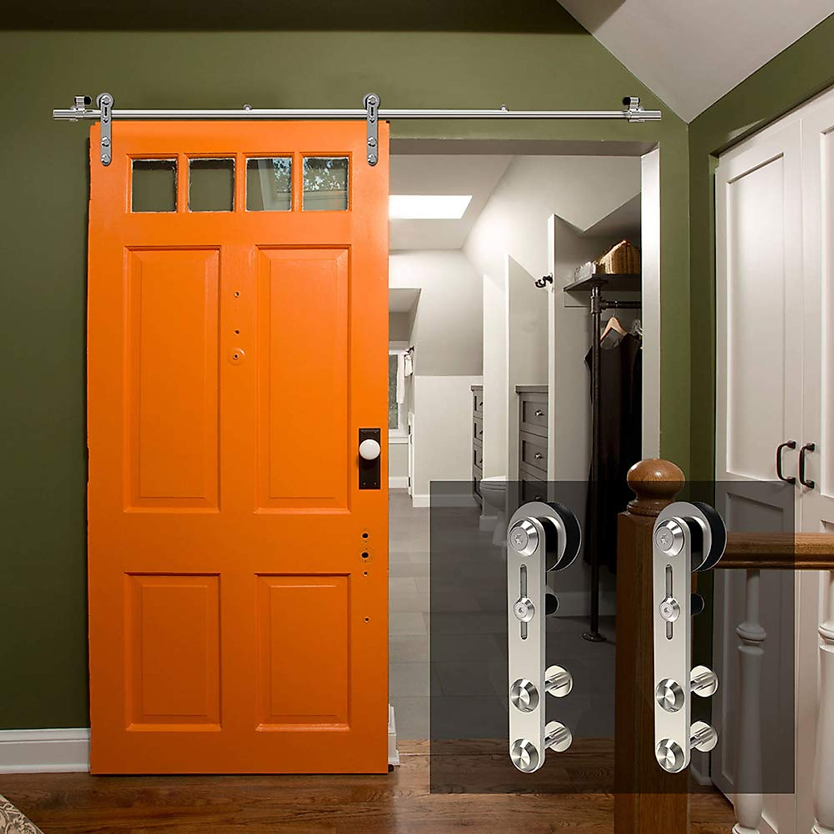 CCJH 5FT Stainless Steel Sliding Barn Door Hardware Track Kit Heavy Duty for Single Wood Door (Round Shape Hanger)