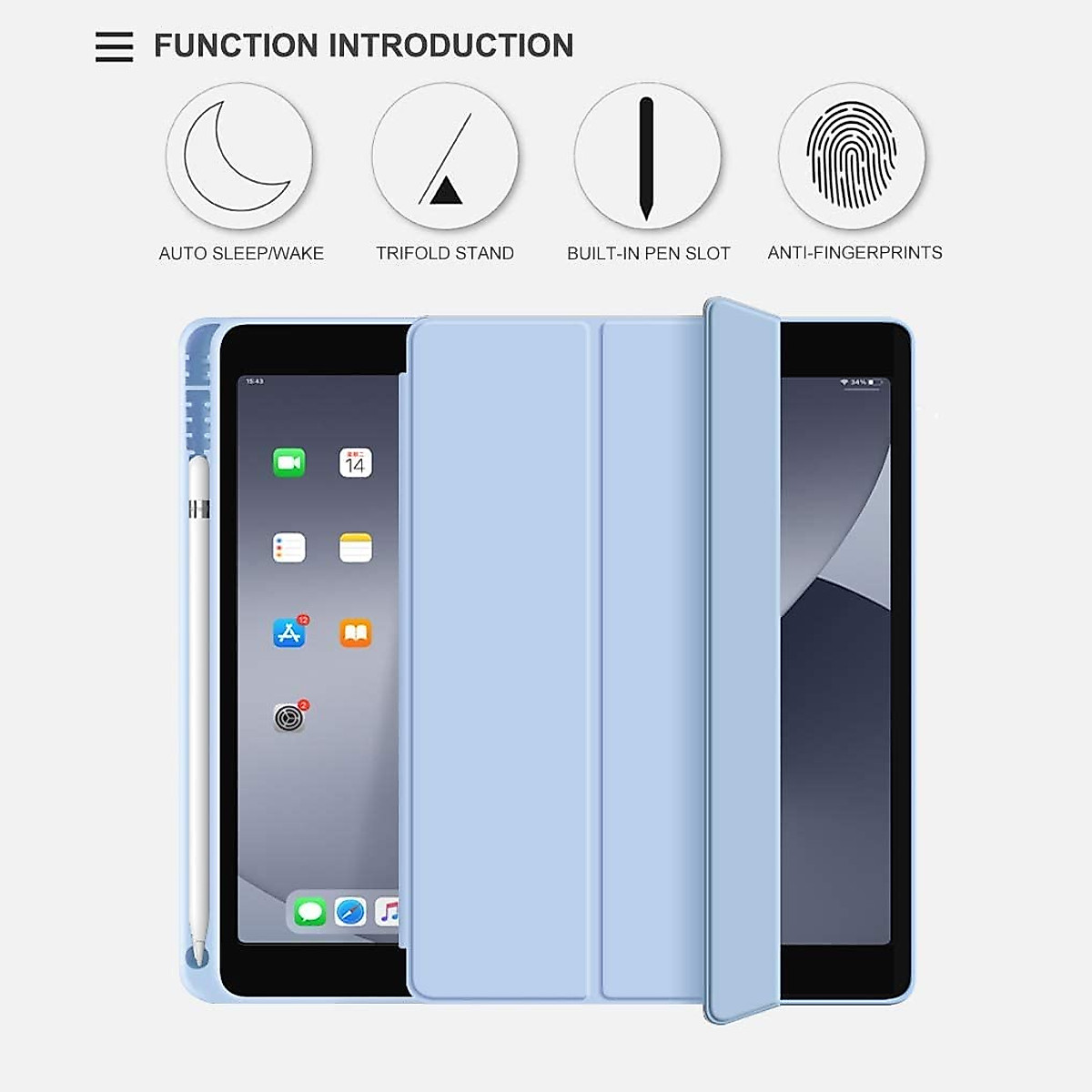 Aoub Case for iPad 6th Generation 2018/iPad 5th Generation 2017 9.7 inch, with Pencil Holder, Auto Sleep/Wake, Soft TPU Back Slim Lightweight Trifold Stand Smart Cover for iPad 9.7 6/5 Case- Sky Blue