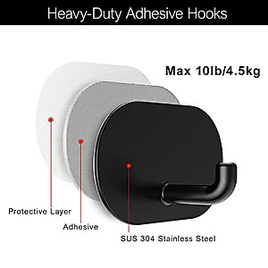 Adhesive Hooks Heavy Duty Stick On Wall Hooks Stainless Steel Kitchen Bathroom Hooks Rust-Proof Metal Hooks for Hanging Keys, Hat, Towel Robe, Black, Pack of 8