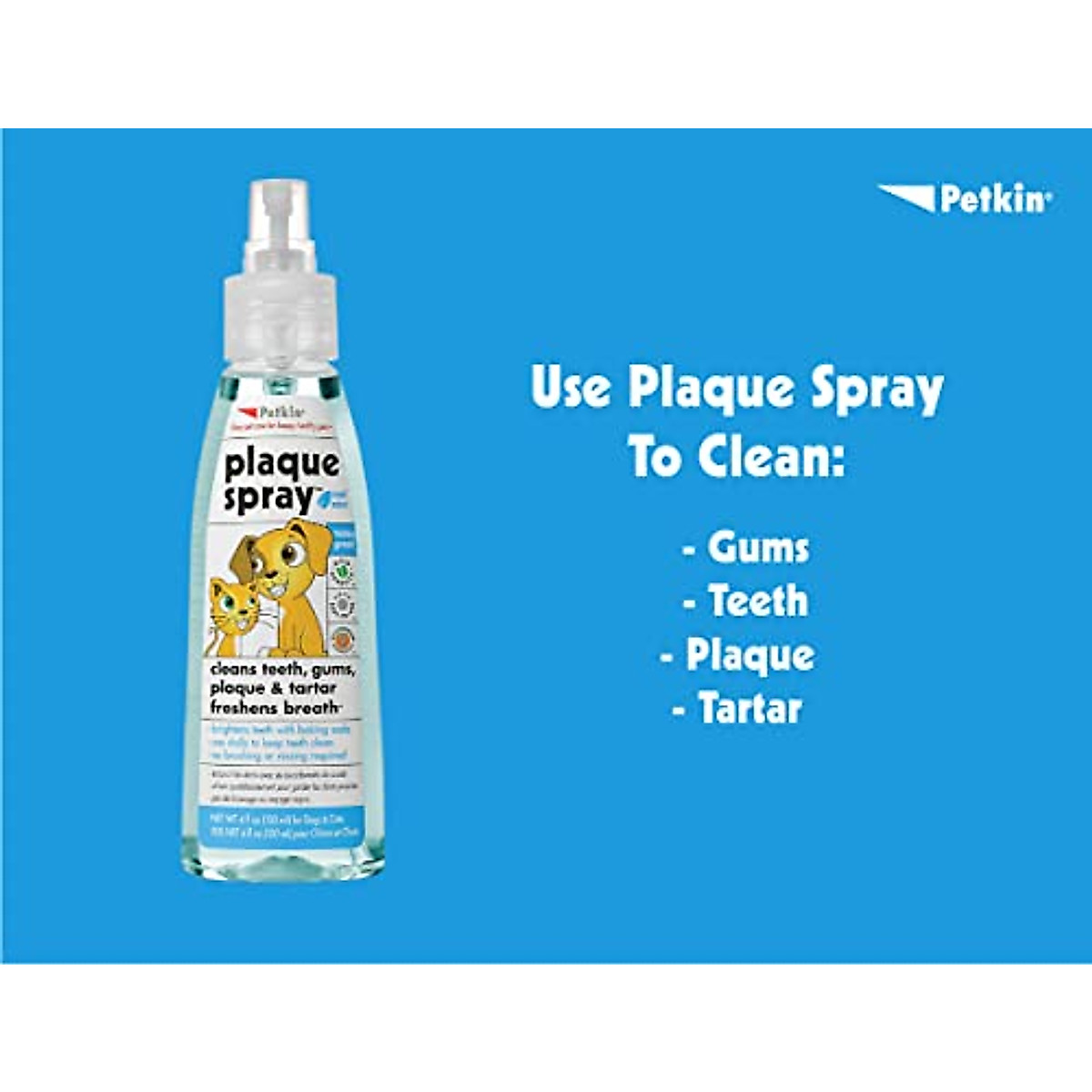 Petkin Plaque Spray, Cool Mint, 4 Fl Oz – Cleans Teeth & Gums, Removes Plaque & Tartar, Freshens Breath & Whitens Teeth with Baking Soda - Ideal Cat & Dog Dental Spray with No Brushing or Rinsing