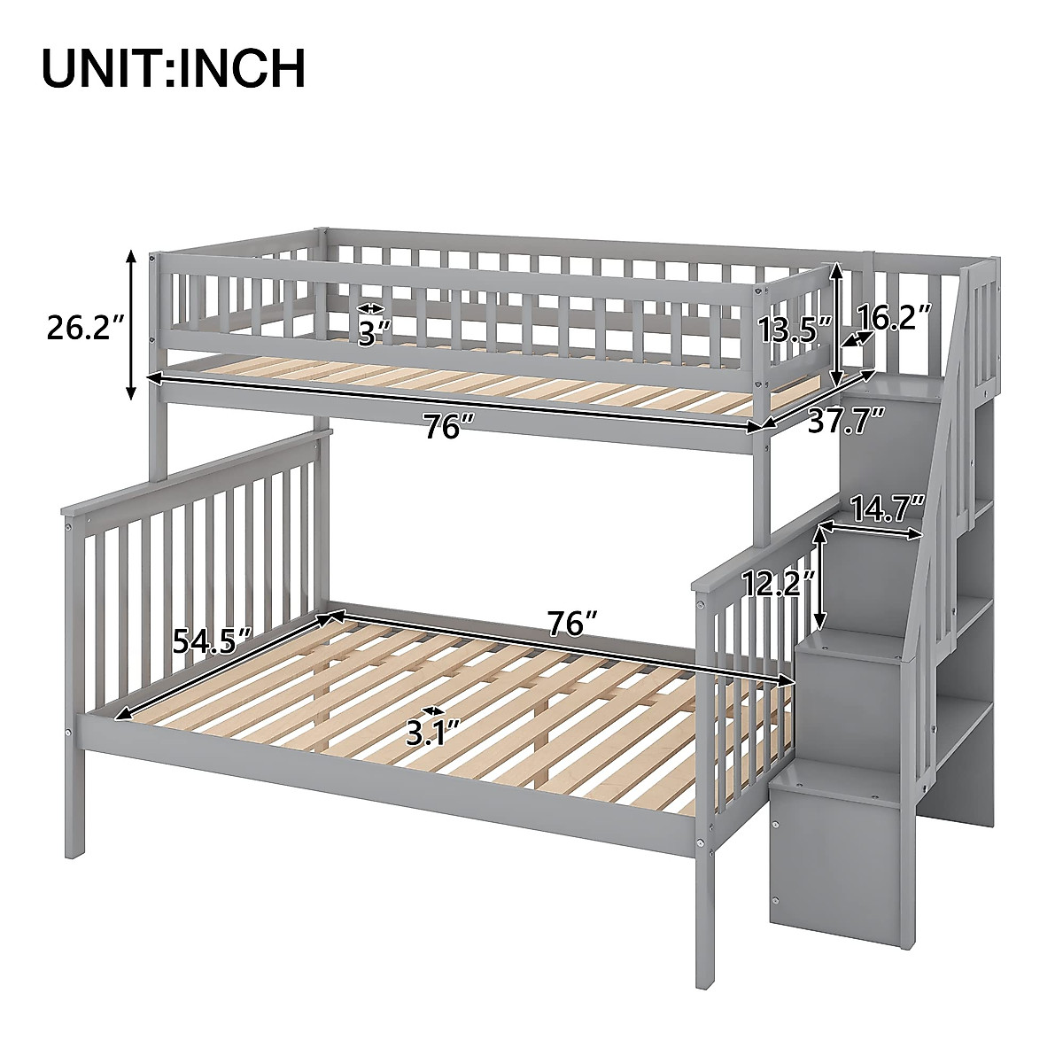 Polibi Twin Over Full Stairway Bunk Bed, Solid Wood Bunk Bed with Storage Shelves， No Spring Box Needed, Grey