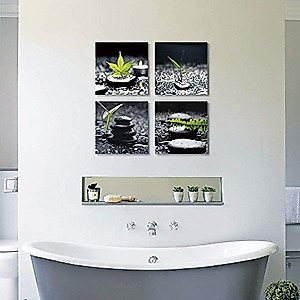 SUMGAR Framed Wall Art Bathroom Decor Black and White Canvas Paintings Green Pictures Zen Stone Spa 4 Piece,12x12 in
