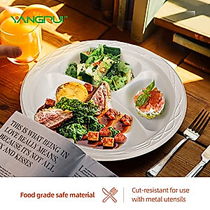 YANGRUI White Plastic Plates, 9 Inch 3 Compartments 150 Pack Food Grade Meterial BPA Free Reusable Dinner Plates