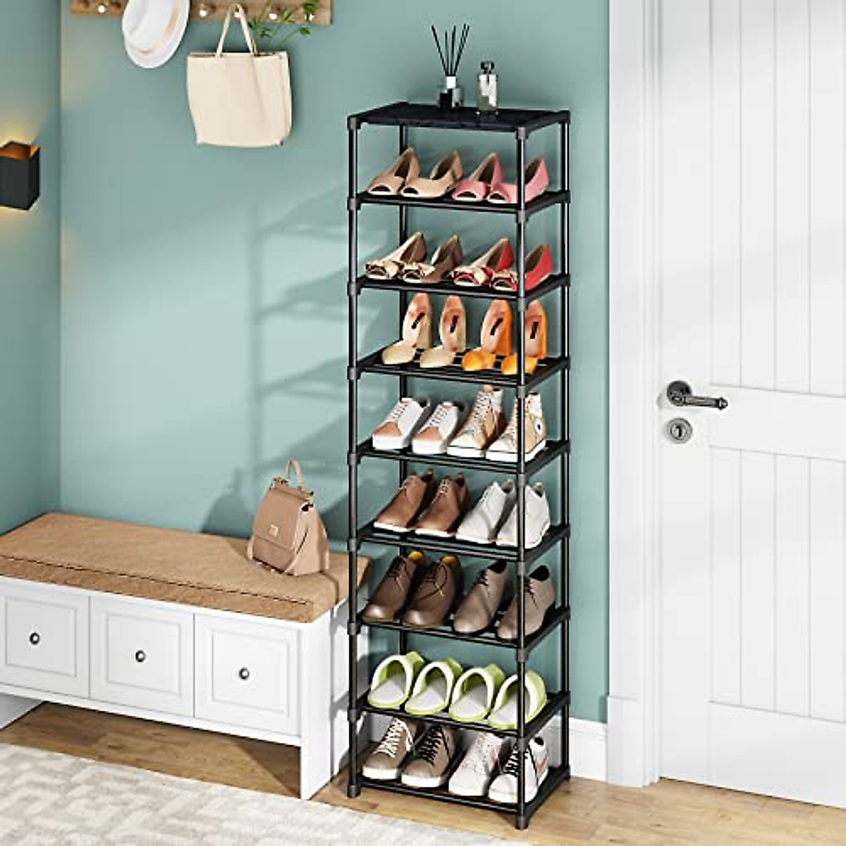 Tribesigns Shoe Rack, 9 Tiers Tall Shoe Rack for Entryway 18 Pairs Shoes and Boots Storage Shelf, Stackable and Narrow Vertical Shoe Organizer for Closet, (Black, 17.32"x 12.2"x64.96")