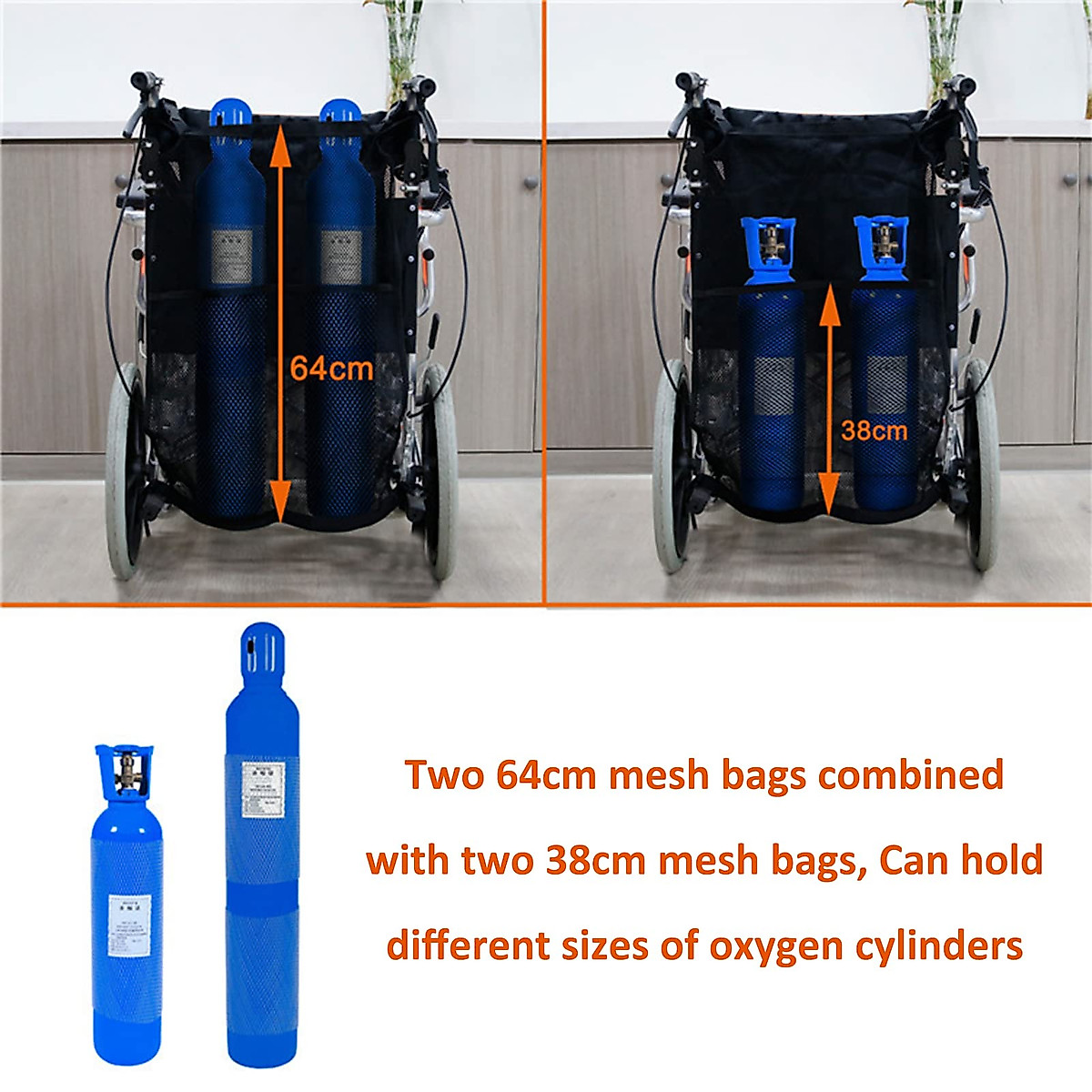 CUSENA Wheelchair Oxygen Tank Holder, Oxygen Backpack Wheelchair Bag Pouch Carrier, Oxygen Cylinder Holder Bag for Walker, Rollator, Fits D and E Cylinder Bottle,Black,66x47cm