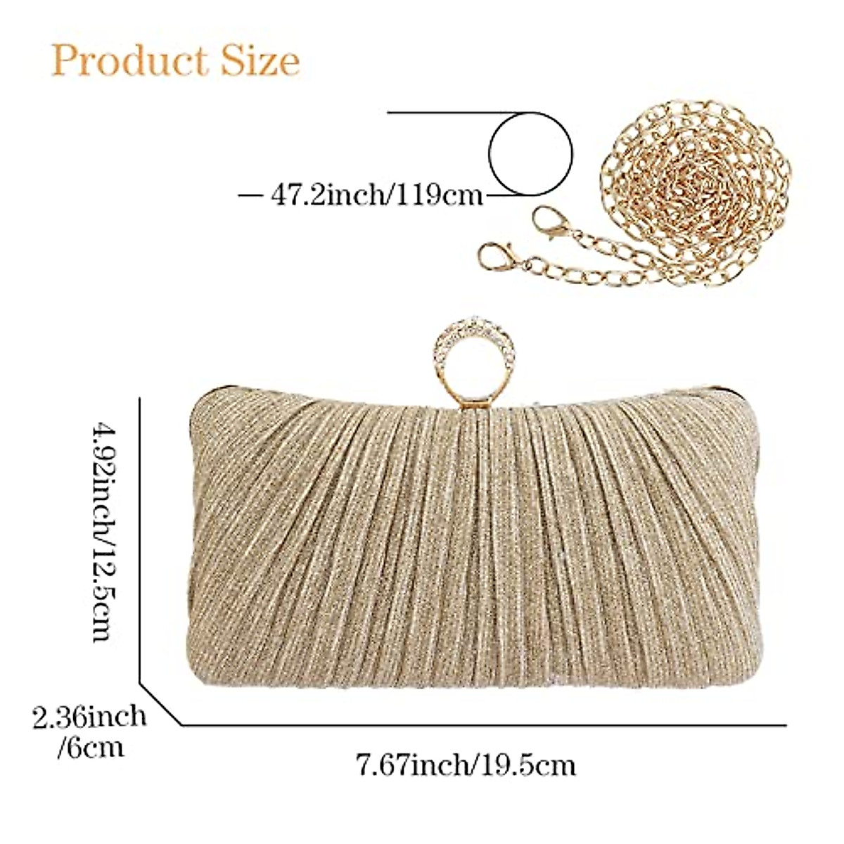 Women Gold Clutch Purses Glitter Evening Handbag Pleated Evening Bag for Lady Formal Bridal Wedding Prom (Gold)