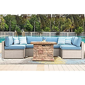 SUNBURY 7 Pieces Patio Furniture Set with Fire Table, PE Wicker Outdoor Sectional Sofa with 35-inch 50000 BTU Gas Fire Pit Table, Patio Conversation Set, Propane Fire Pit Table