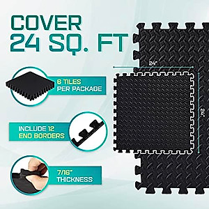 Yes4All interlocking Exercise Foam floor mats, for Gym Equipment – Eva Tiles (24 Square Feet – Black – 6 pcs)