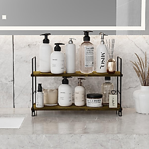 zeochyni 2 Tier Bathroom Countertop Organizer, Bamboo Vanity Tray Makeup Shelf Skincare Perfume Organizer or Kitchen Spice Rack for Countertop Storage (Black & Brown)